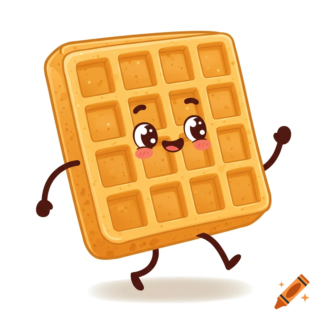 Cartoon waffle character with a face, arms, and legs, walking or ...