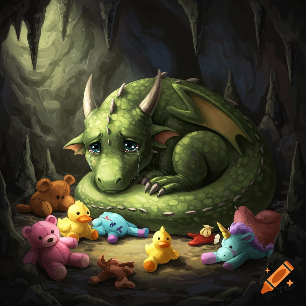 Sad crying dragon in a cave of plush toys on Craiyon