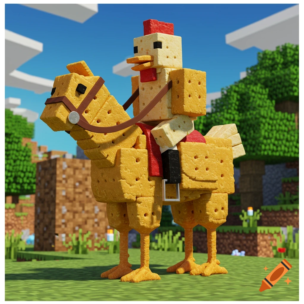 Blocky chicken figure riding a larger chicken figure, both made of ...