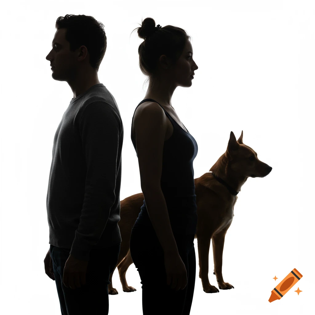 Silhouette of two people creating a dog shape in negative space. on Craiyon