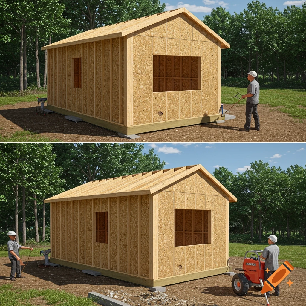 Two men work on framing a small wooden shed on concrete piers in a ...