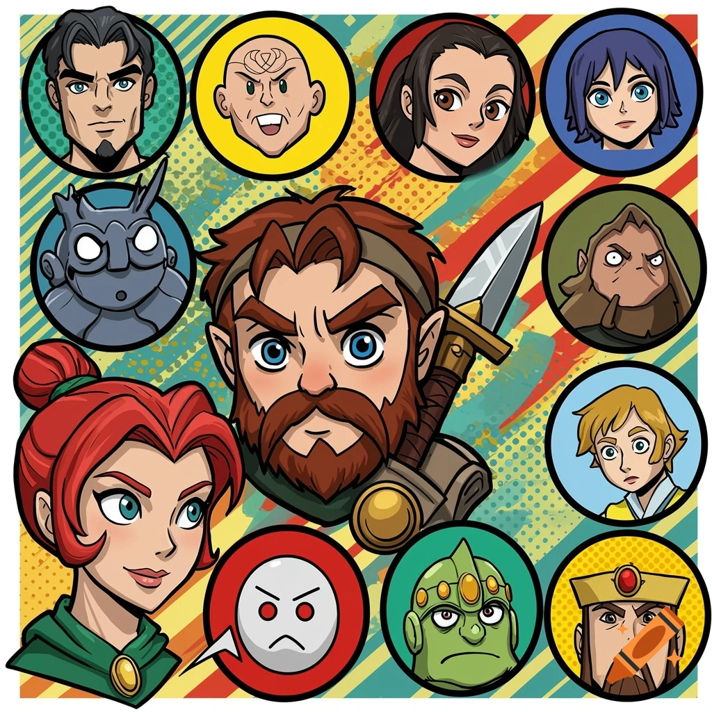 Multiple stylized cartoon character portraits and icons on a diagonal ...