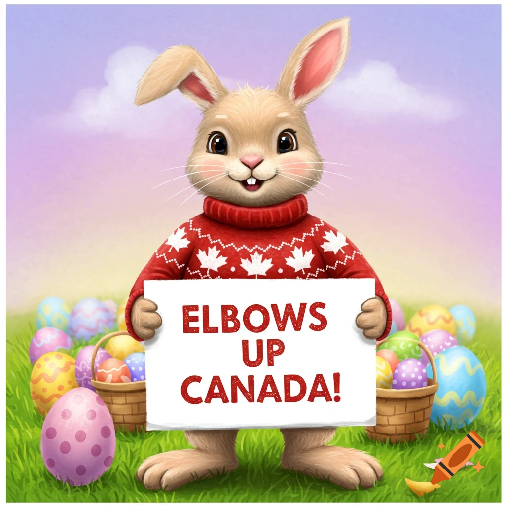 Easter bunny wearing Canada sweater holding an "Elbows Up Canada" sign ...