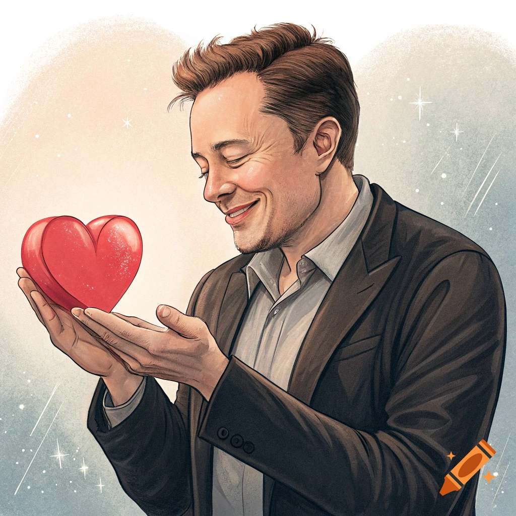 Stylized illustration of Elon Musk smiling and holding a red heart. on ...
