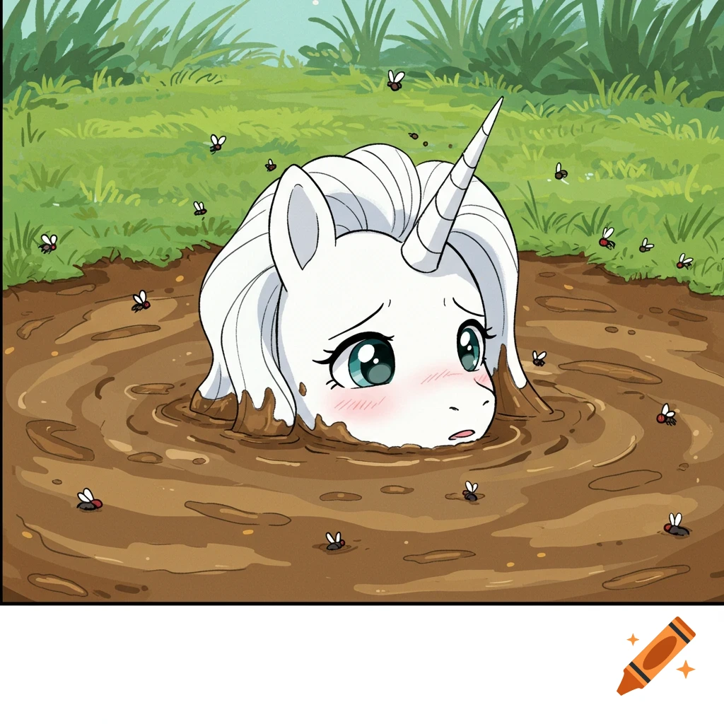 Anime manga style white unicorn head in mud pit on Craiyon