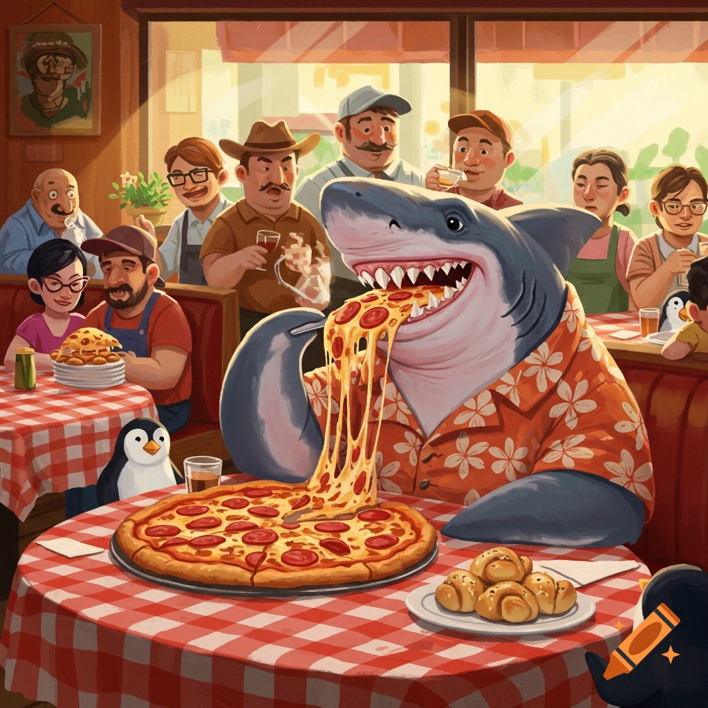 A shark in a Hawaiian shirt eats a large slice of pizza at a restaurant ...