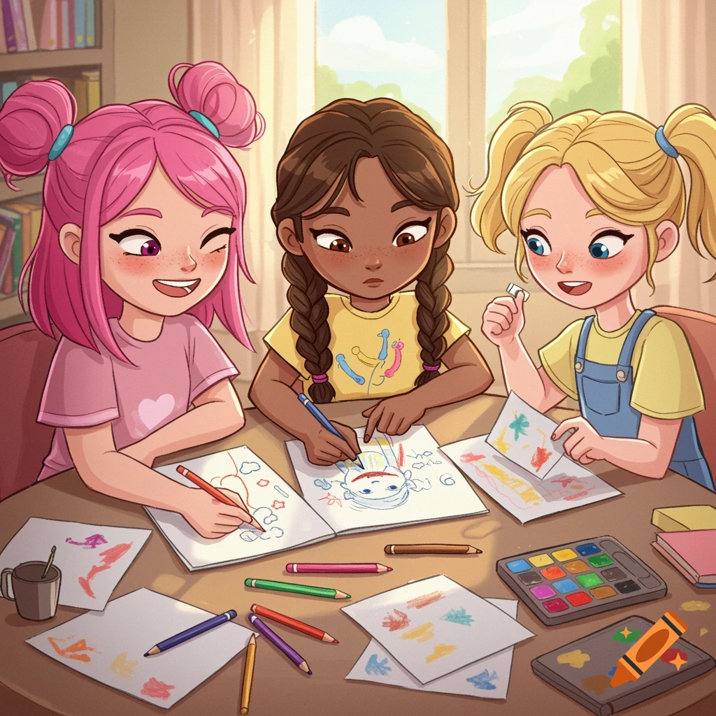 Three young girls with colorful hair draw together at a table filled ...