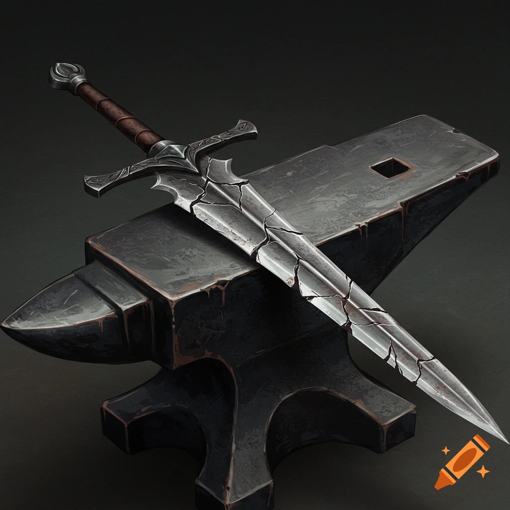 Sword with heart-shaped, cracked blade on anvil on Craiyon