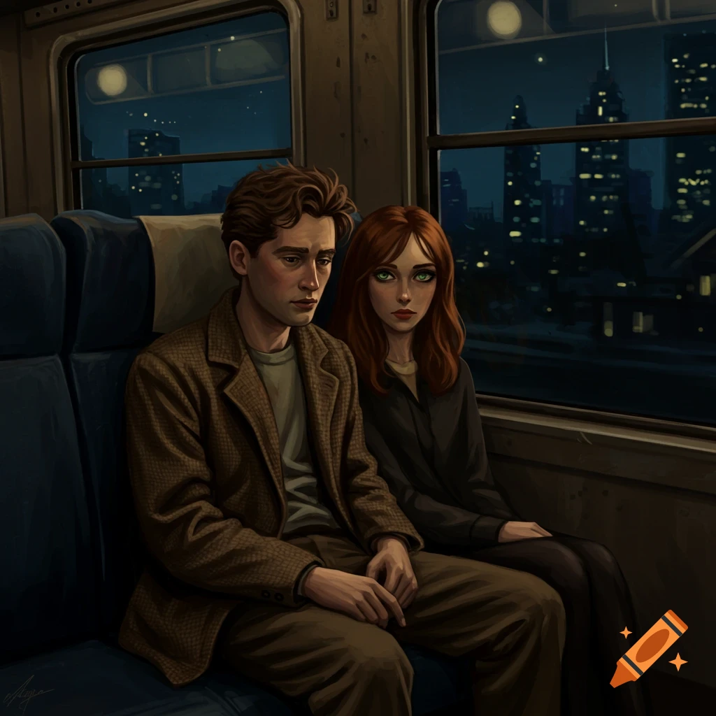 Holden Caulfield on a train with a woman at night on Craiyon