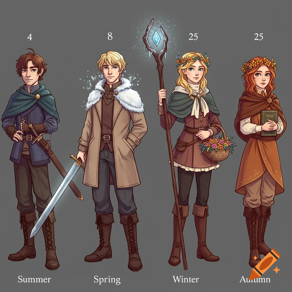 Fantasy-themed animated characters representing four seasons on Craiyon