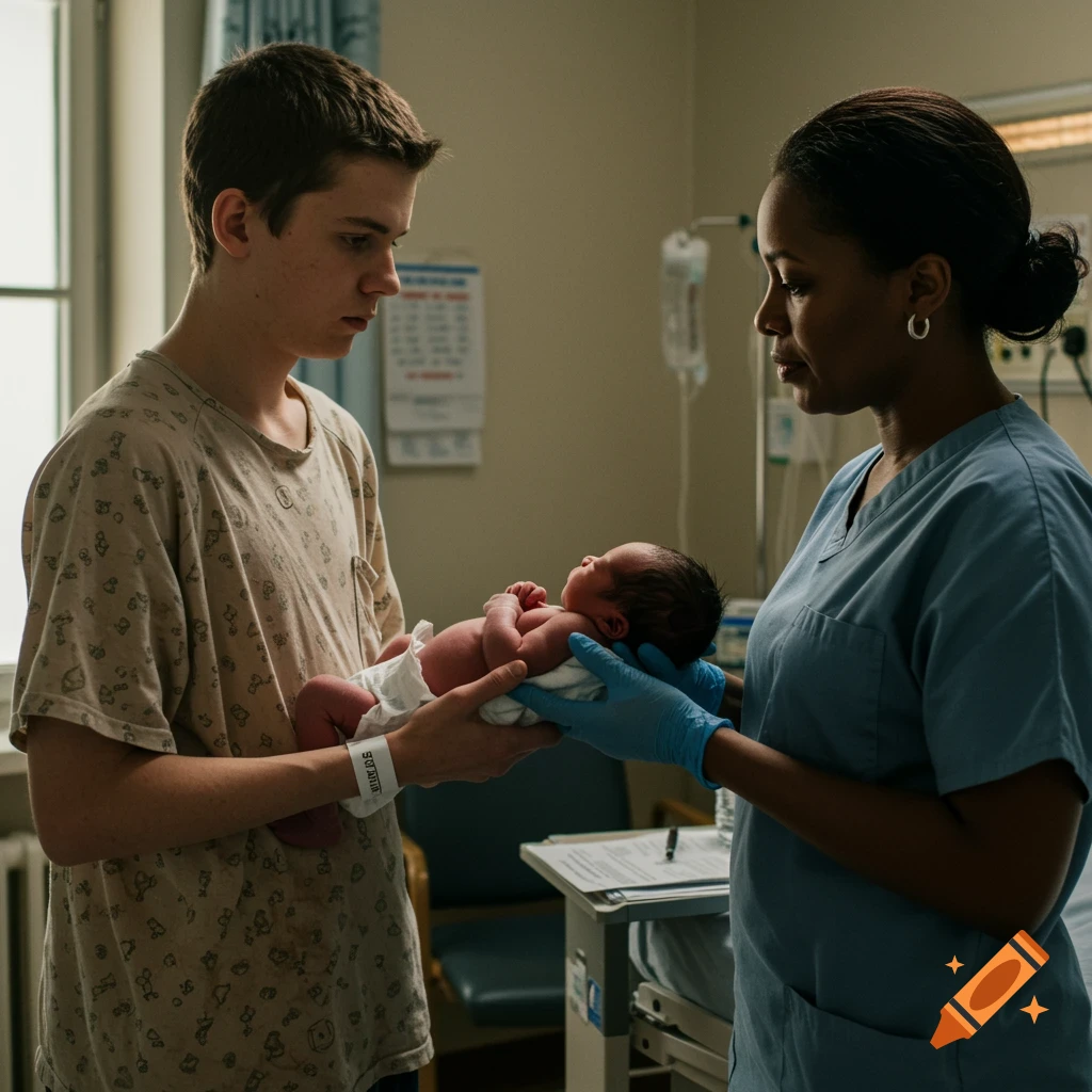 Russian teenage boy handing newborn baby to doctor at hospital on Craiyon