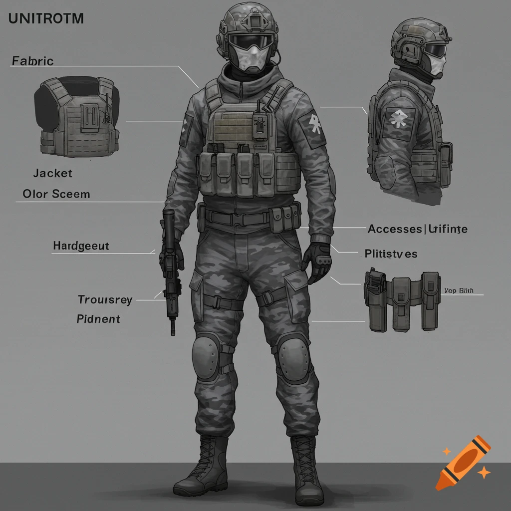 Military uniform with charcoal gray urban camouflage on Craiyon