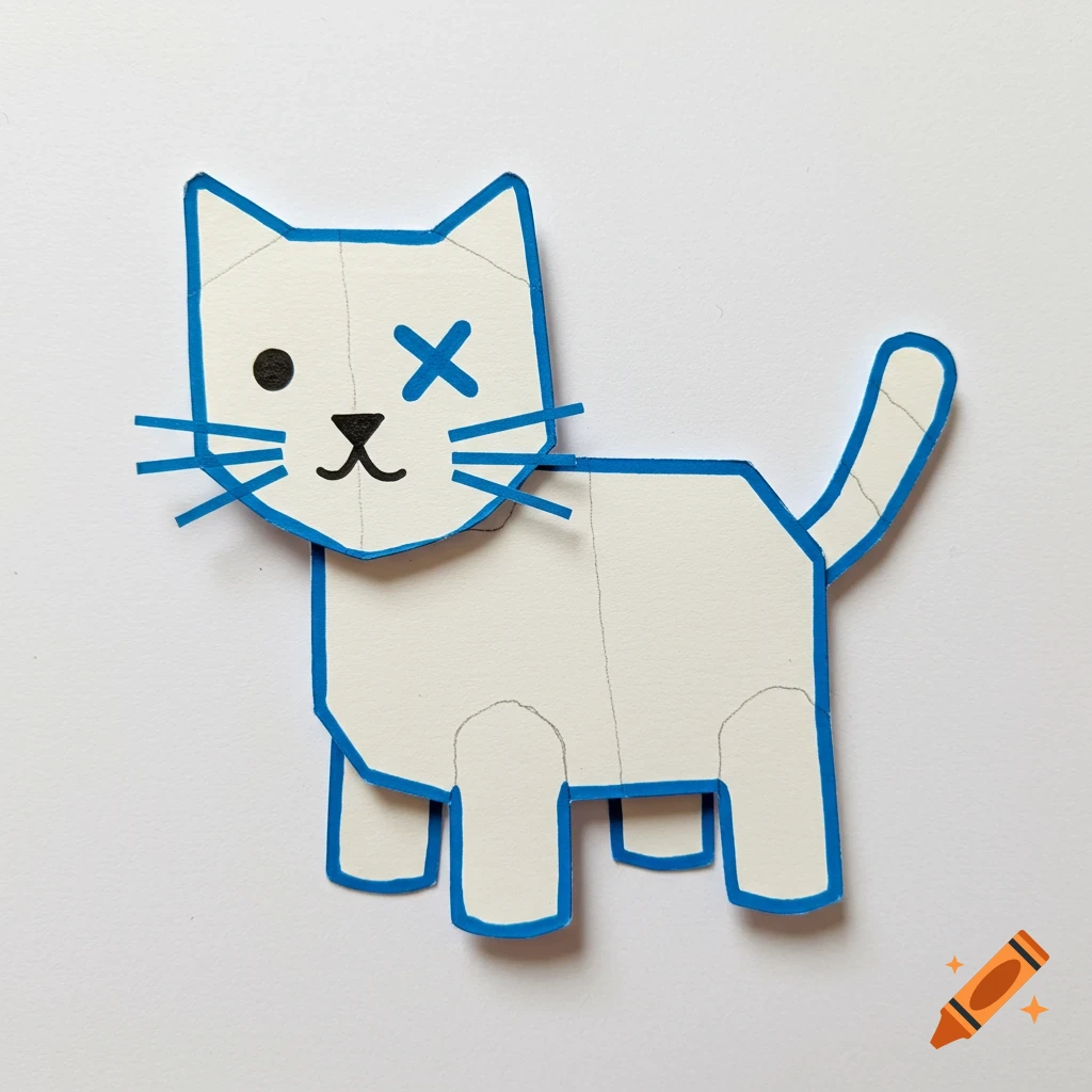 Paper cat with blue outline, one eye, and blue X. on Craiyon
