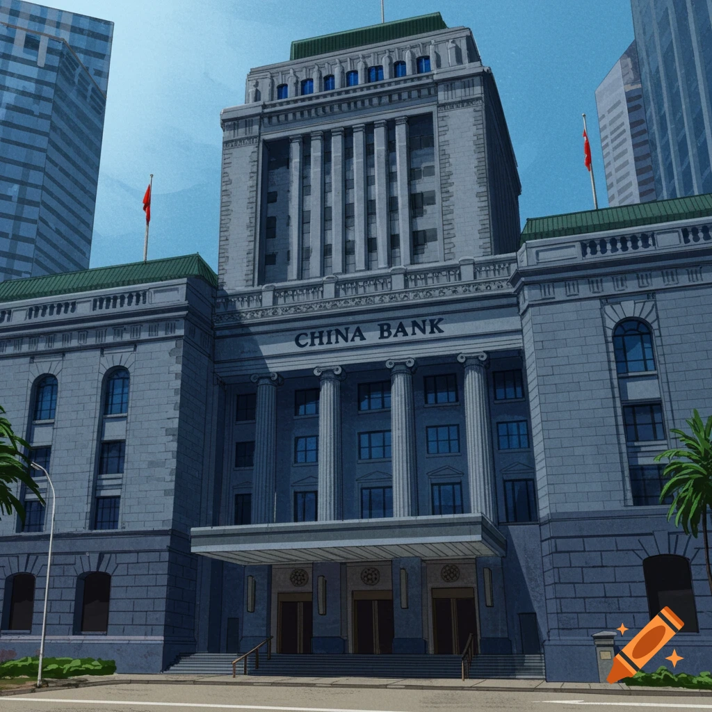 Facade of a stone bank building labeled 'CHINA BANK' in a city. on Craiyon