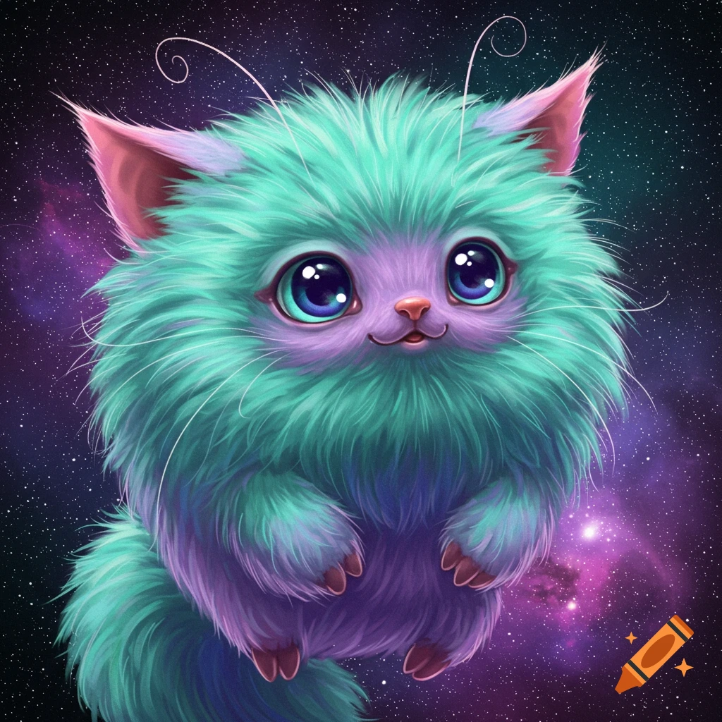 A fluffy grey kitten with blue eyes floats among rainbow-colored clouds and stars in space. on ...