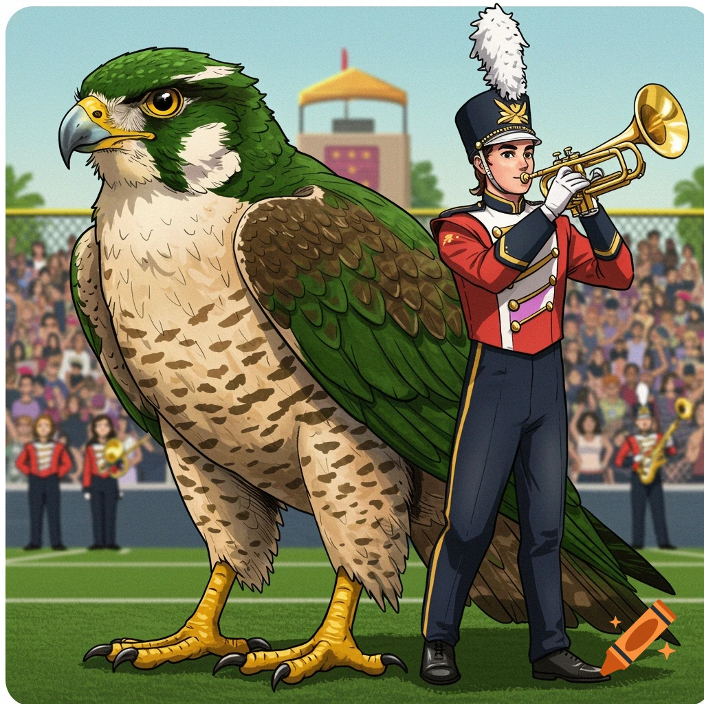 Digital illustration of a giant falcon standing next to a marching band ...