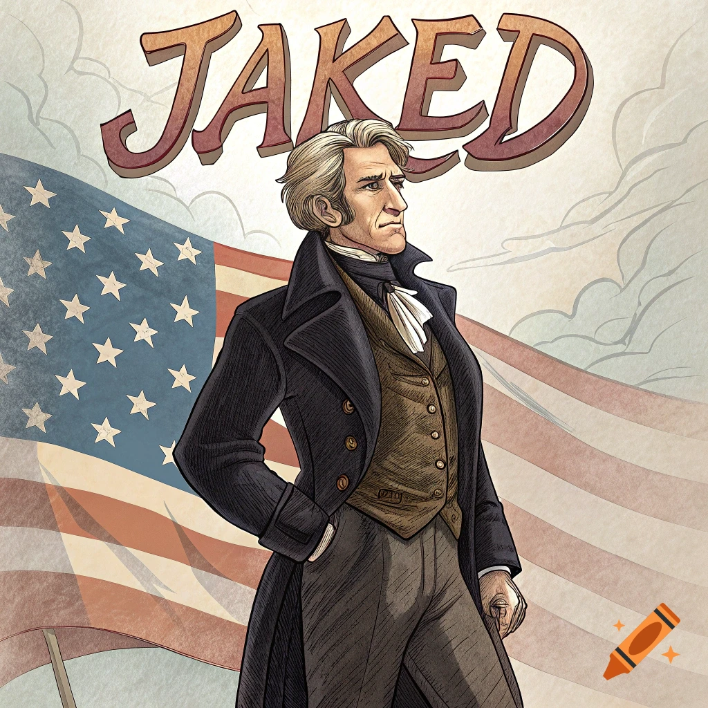 Illustration of a man resembling Andrew Jackson in front of an American ...