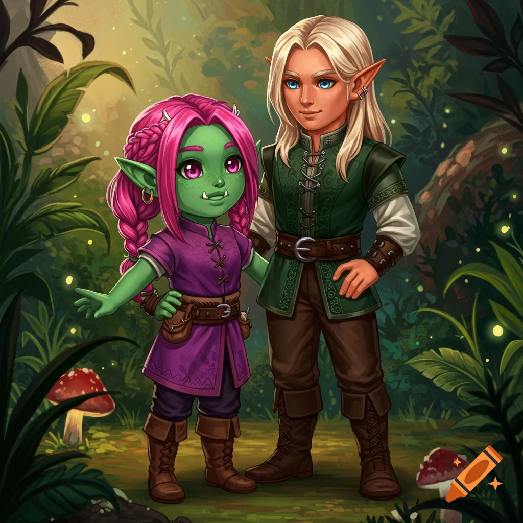 A green-skinned girl with pink hair and a blonde elf boy standing in a forest. on Craiyon