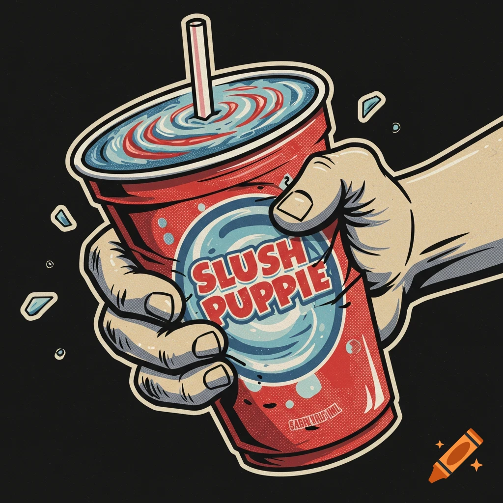 Slushcrush cup logo being crushed by a hand, style logo, visible text ...