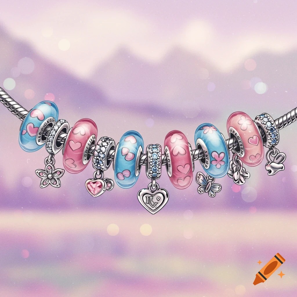 A detailed silver charm bracelet with flower and heart charms on a ...