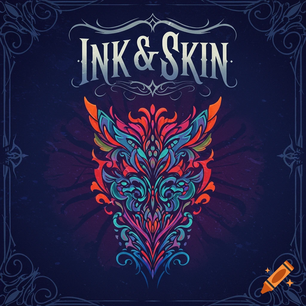 Cover design with colorful ornate abstract pattern and INK & SKIN title ...