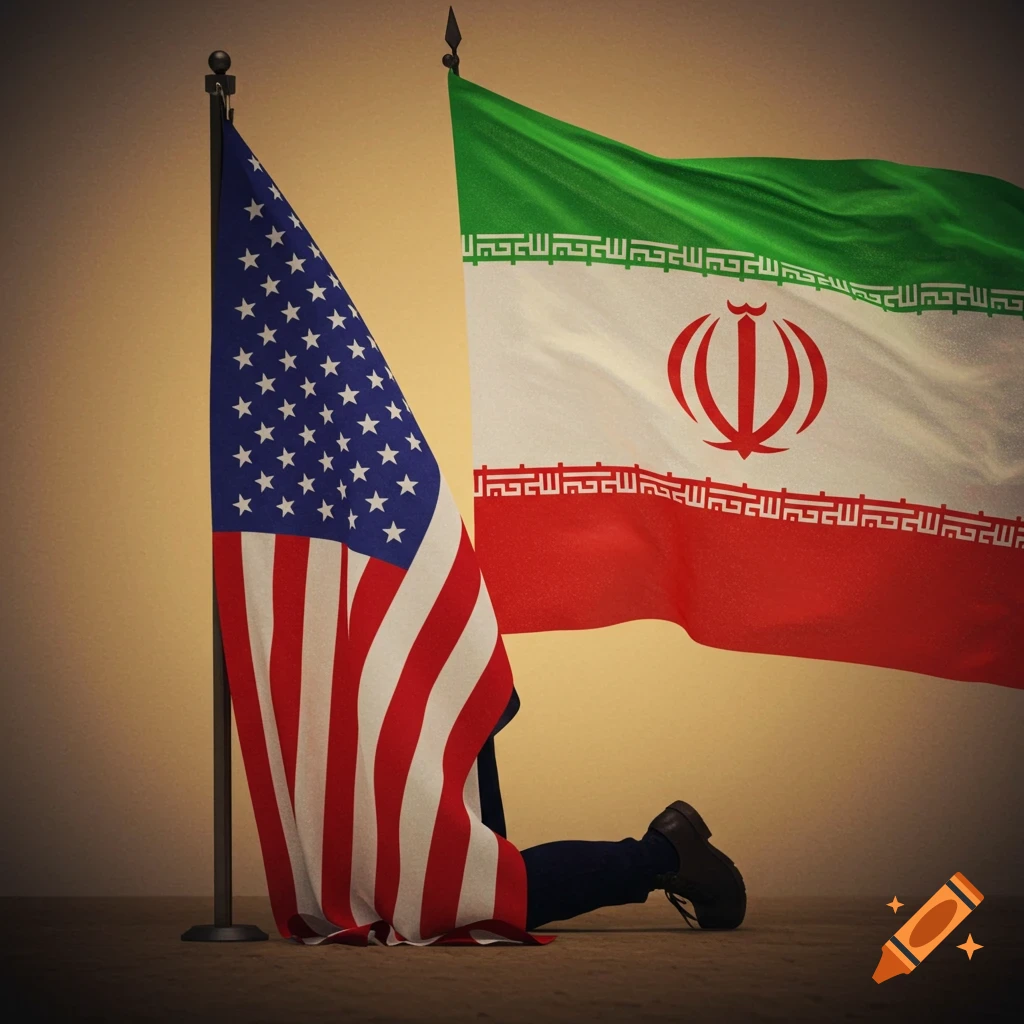 US flag with figure kneeling under it next to Iran flag. on Craiyon
