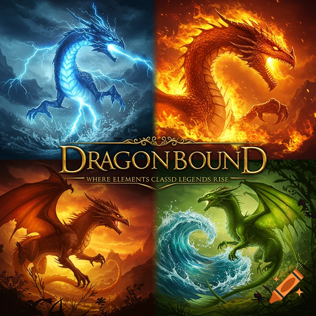 Dragonbound book cover with fire, lightning, water, and grass dragons on Craiyon