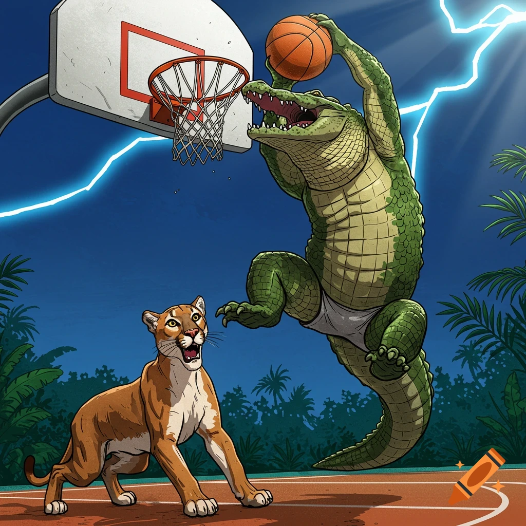 A cougar is shown dunking a basketball over an alligator in a swamp. on ...