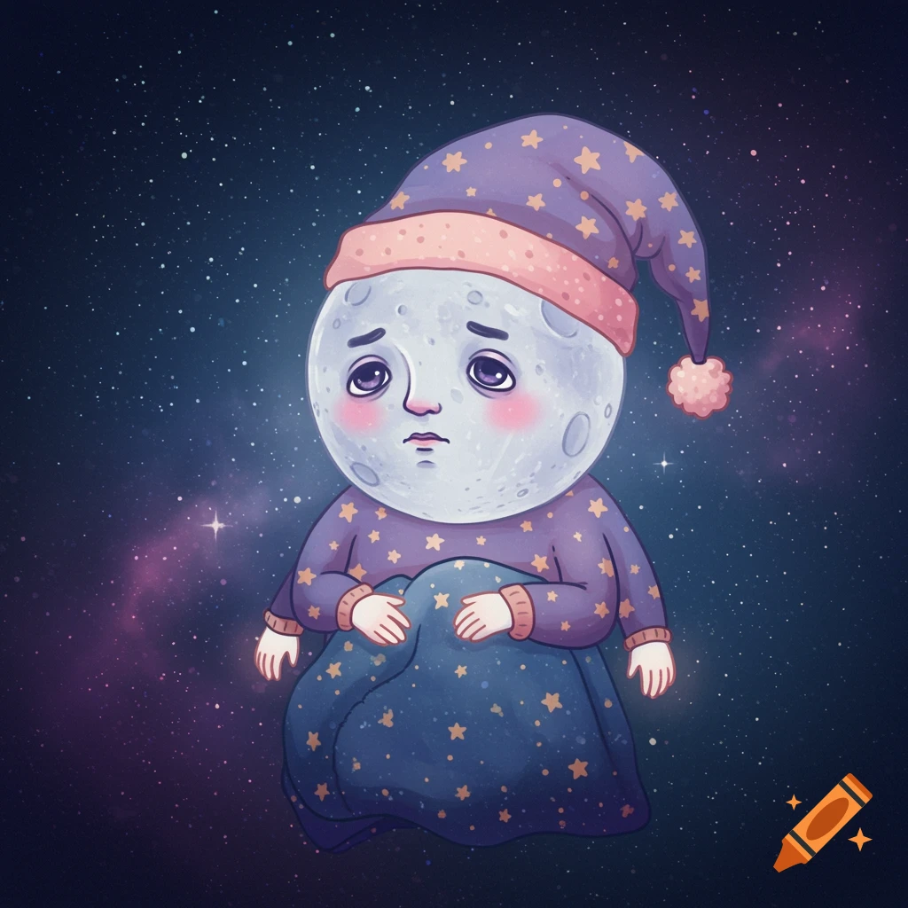 Sad cartoon moon in pajamas and nightcap holding a blanket, floating in ...