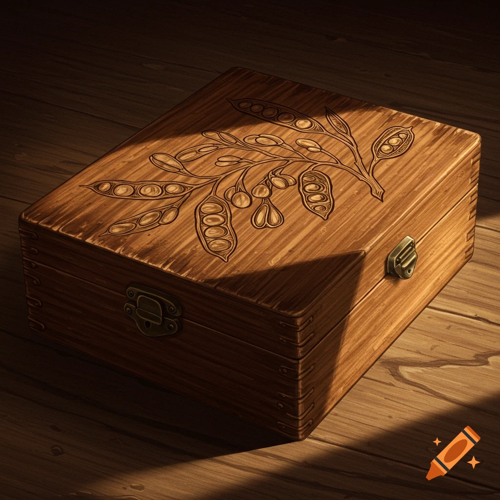 A dark wood display cabinet carved with indigenous art patterns ...