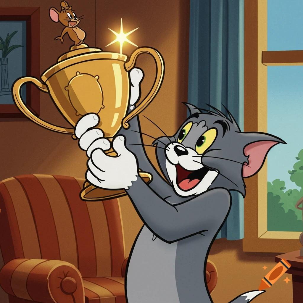 Tom from Tom and Jerry holding a trophy in original cartoon style ...