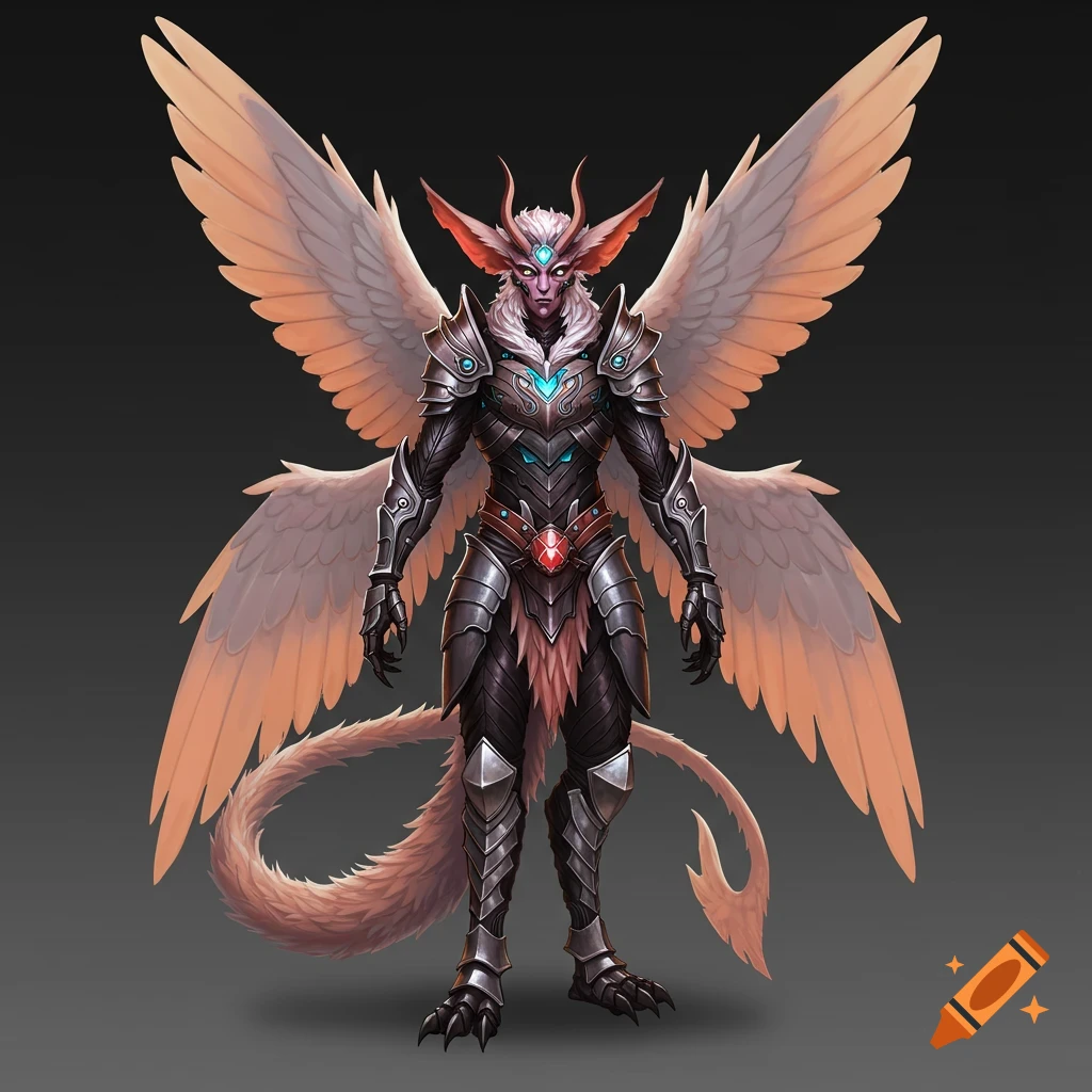 Full body portrait of a winged furry fantasy creature in sci-fi armor ...