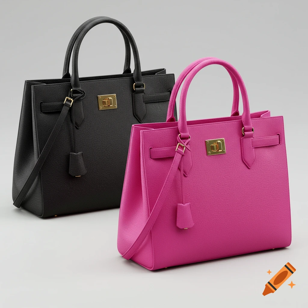 Two luxury tote handbags, one black and one hot pink, on a gray ...
