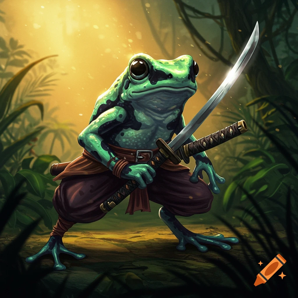 Green and black poison dart frog as a demon slayer on Craiyon