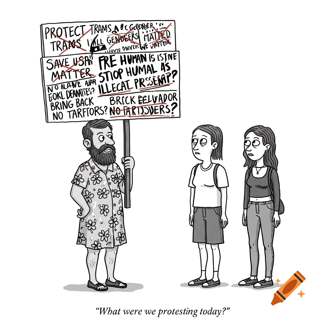 Political cartoon of a bearded man in a dress with a protest sign ...