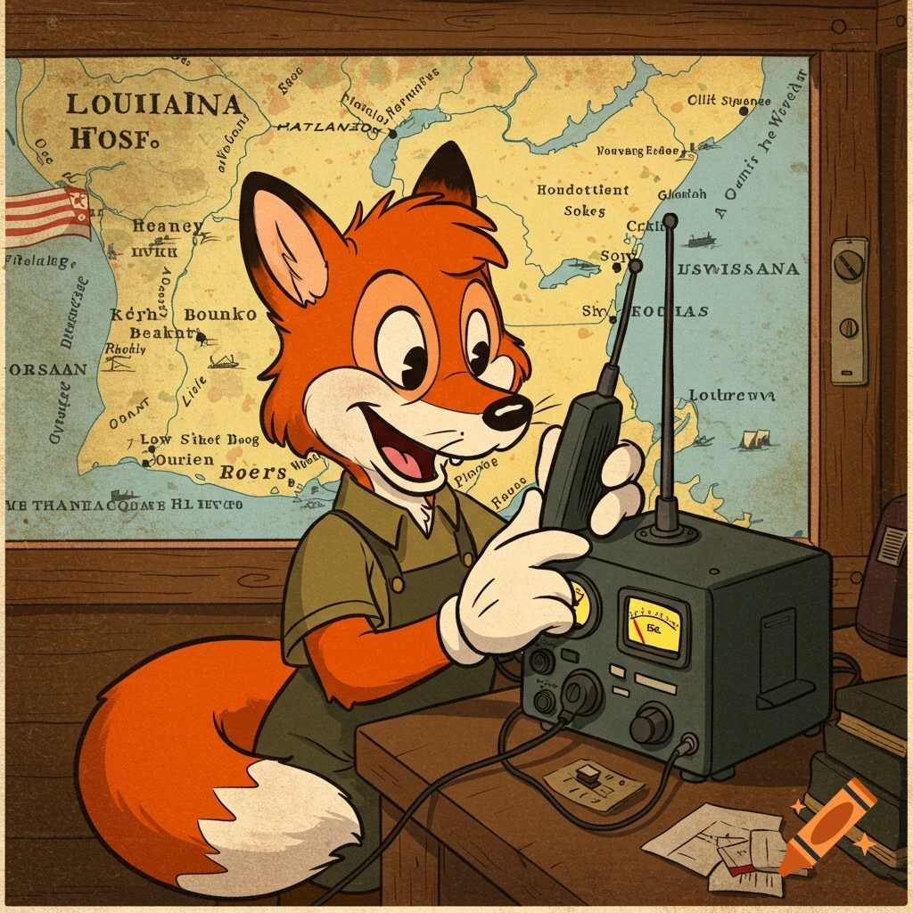 Cartoon fox sits at a desk with a map and uses a vintage radio. on Craiyon