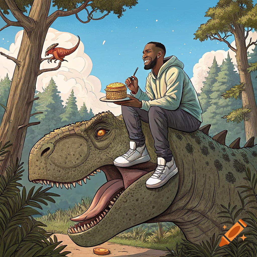 LeBron James eating pancakes on a dinosaur on Craiyon