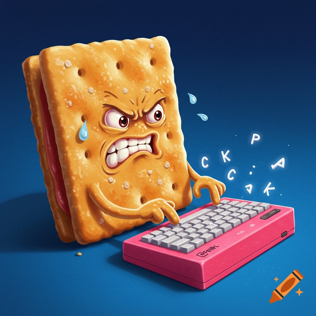Angry saltine cracker typing on Craiyon