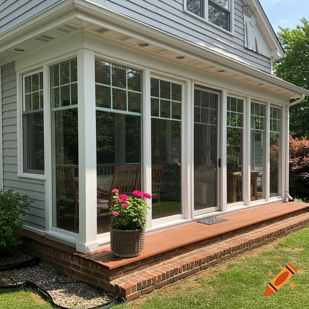 Ground level porch with sliding windows on a cottage-style house on Craiyon