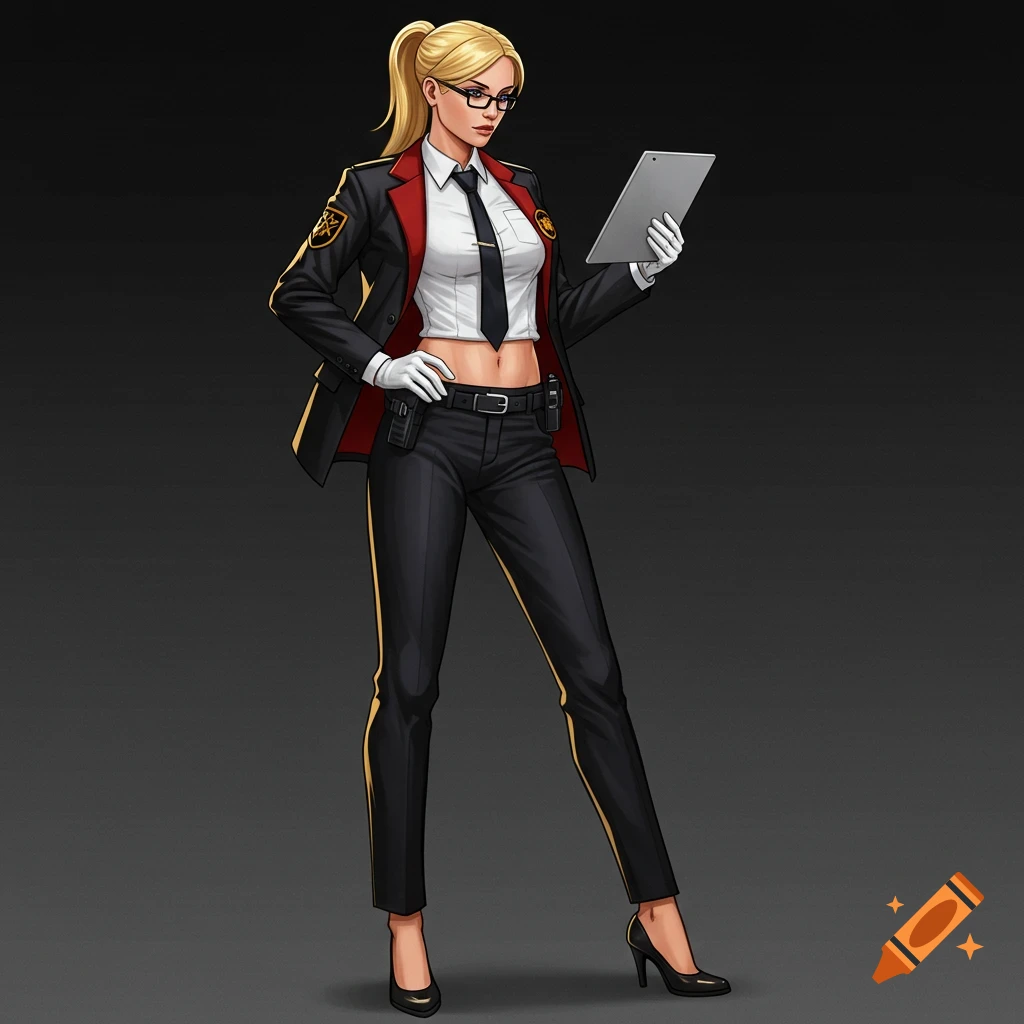 Anime style female security guard in black and gold outfit on Craiyon