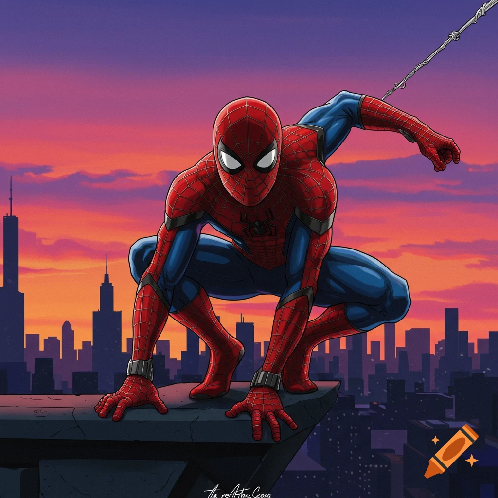 Spider-Man crouches on a rooftop overlooking a city skyline at night in ...