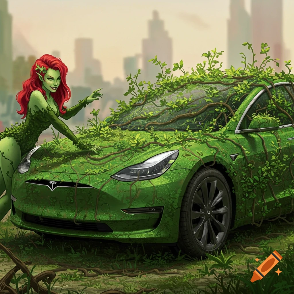 Tesla car covered in vines and plants, Poison Ivy theme on Craiyon