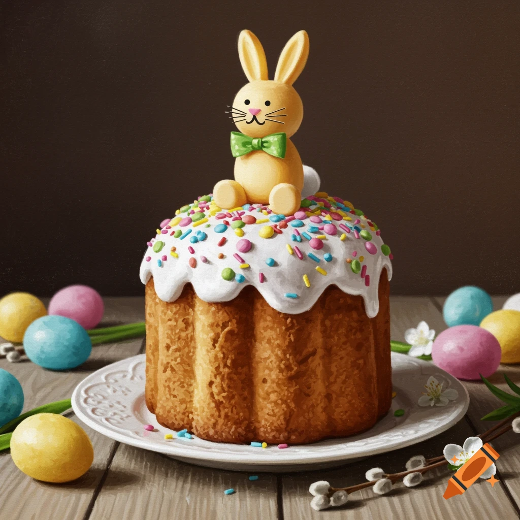 Easter cake with a bunny made of cylinder, cone, and cube shapes on Craiyon
