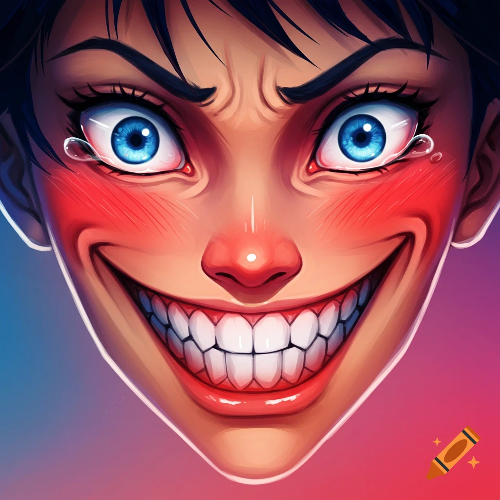 Anime face with blue eyes, tears, and manic grin on Craiyon