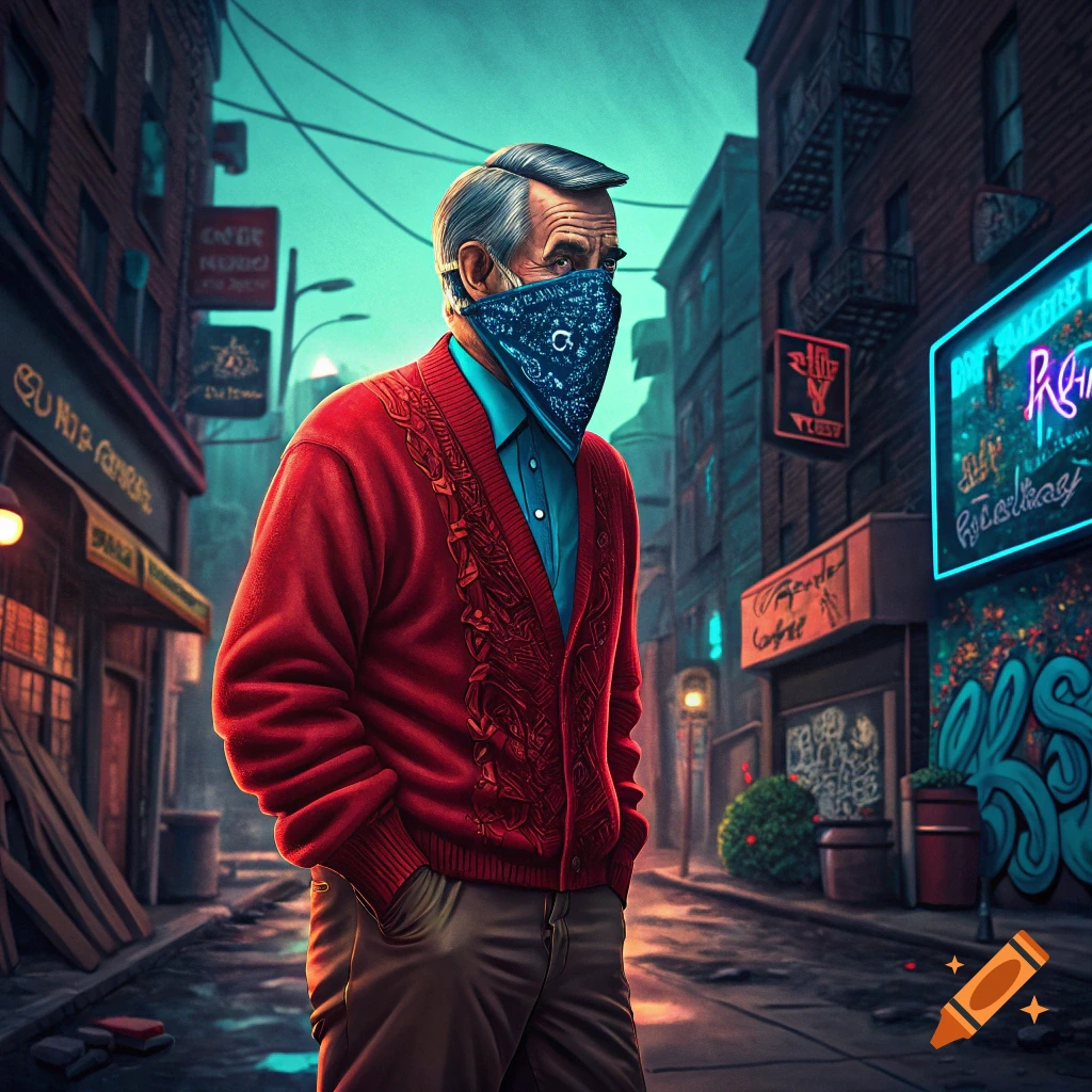 Mr. Rogers as a bandit in a neon urban setting on Craiyon