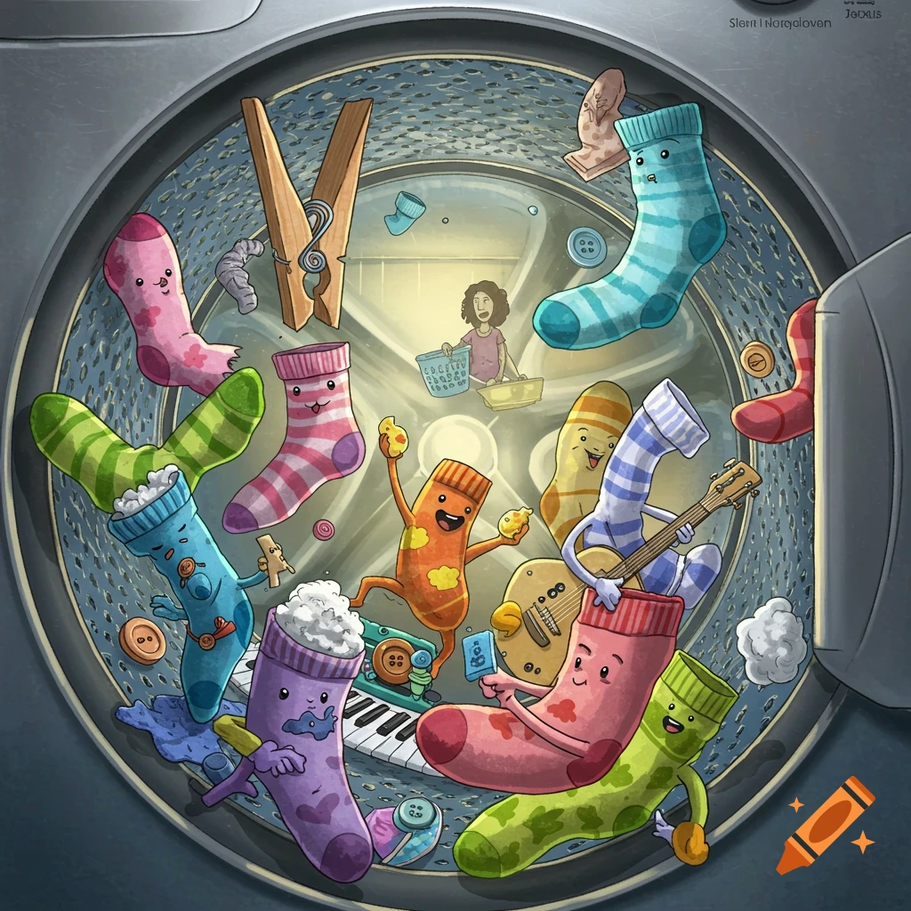 Colorful cartoon socks having a party inside a washing machine drum ...