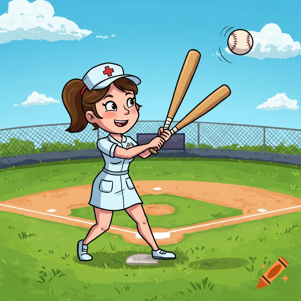 A cartoon nurse in uniform swings two baseball bats at a baseball on a ...
