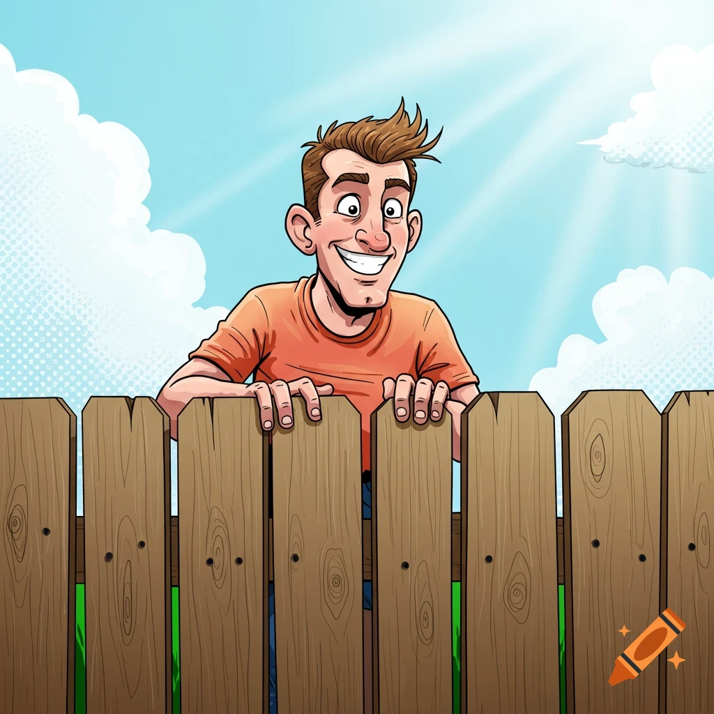 Cartoon illustration of a man with a surprised expression peeking over ...