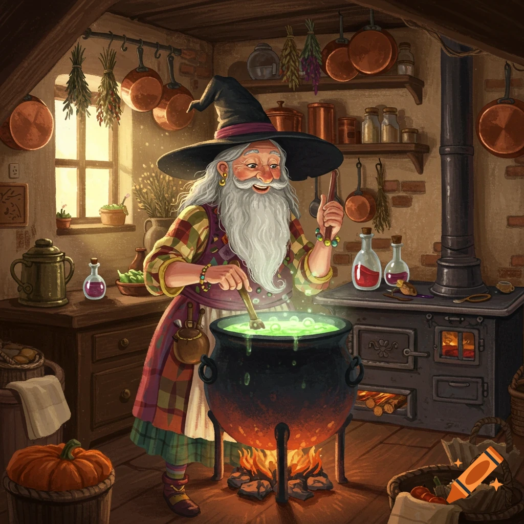 Cartoon illustration of a steaming orange soup in a decorative brown cauldron with autumn leaves ...