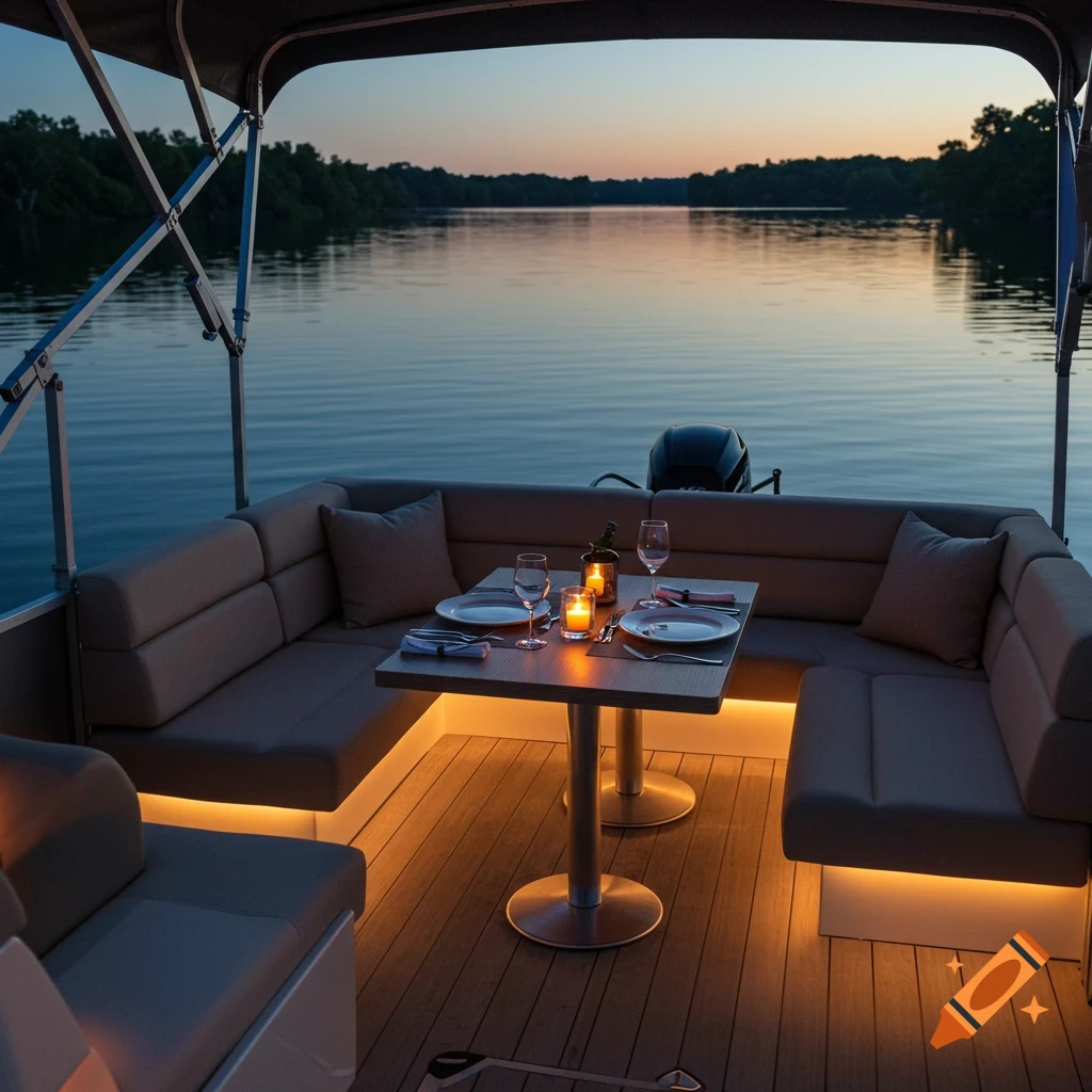 Luxury pontoon boat with minimalist decor for evening cruise on Craiyon